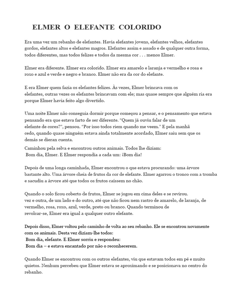 A História de Elmer, o Elefante Colorido | PDF | Elefante | Cor