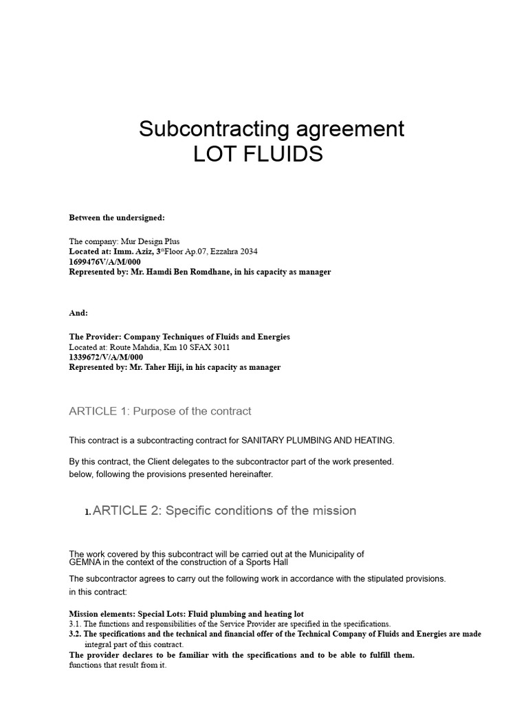 Example of Subcontracting Contract | PDF | Subcontractor | Insurance