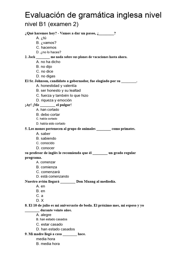 Examen de gramática en inglés nivel B1 (prueba 2) | PDF