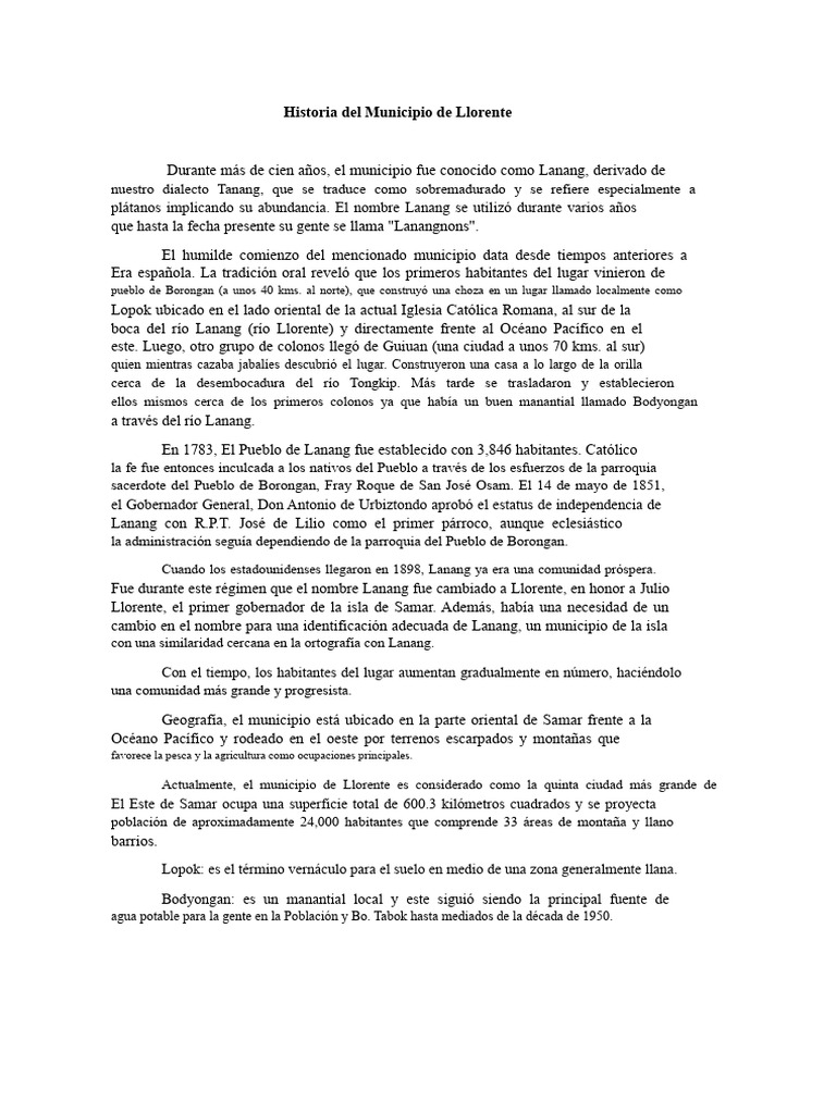 Historia del Municipio de Llorente, Samar | PDF