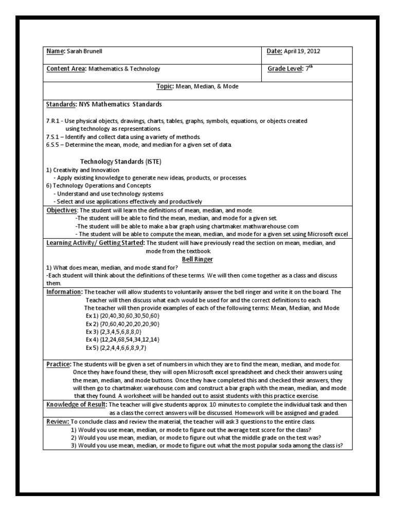 Mean Median Mode Lesson Plan | PDF | Median | Mode (Statistics)
