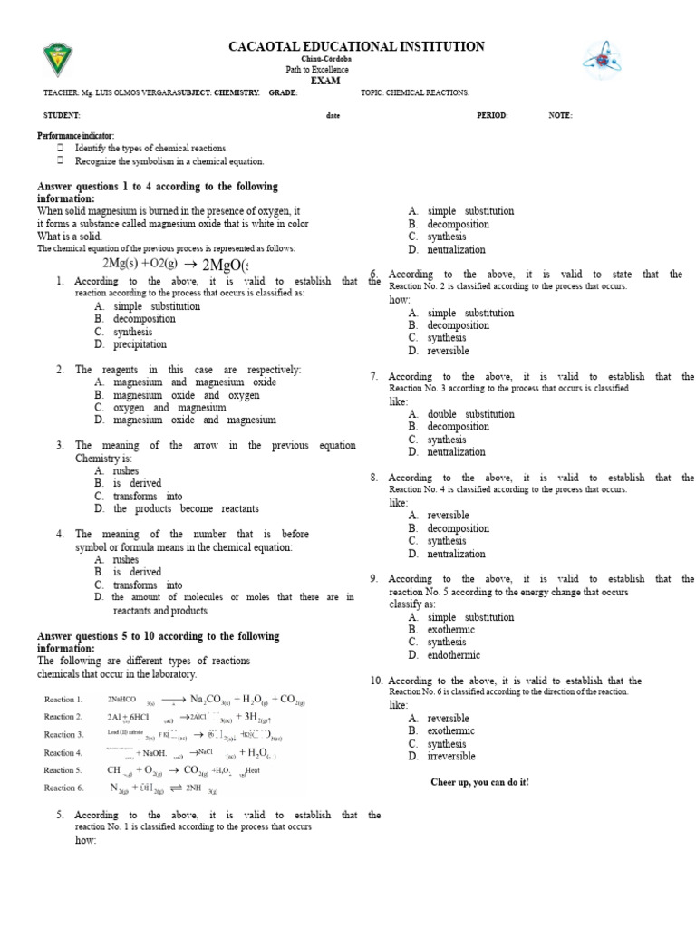 Reaction Exam | PDF | Chemical Reactions | Magnesium