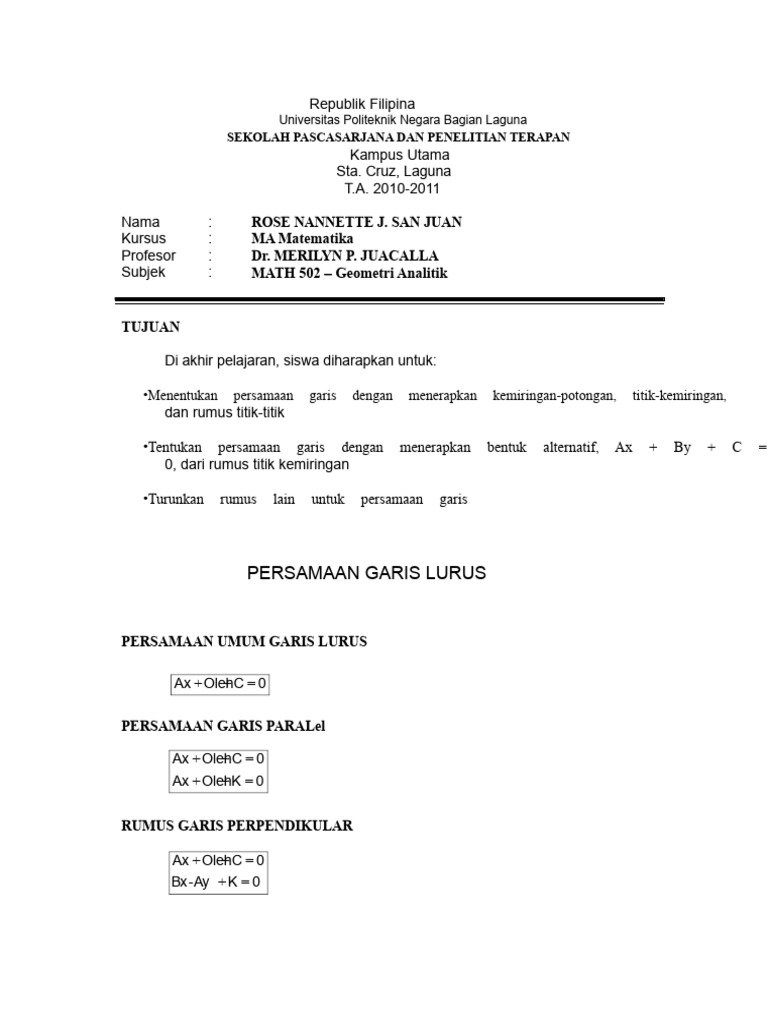Persamaan Garis Lurus dalam Geometri | PDF