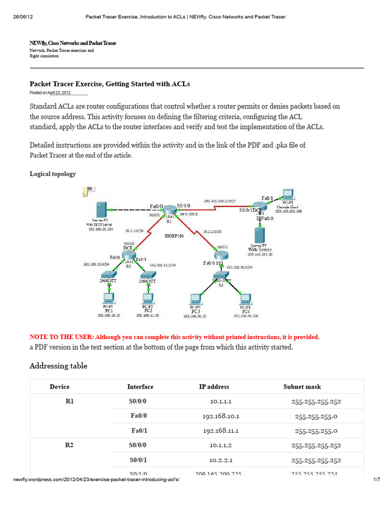 Packet Tracer Exercise, Getting Started With ACLs - NEWfly, Cisco ...