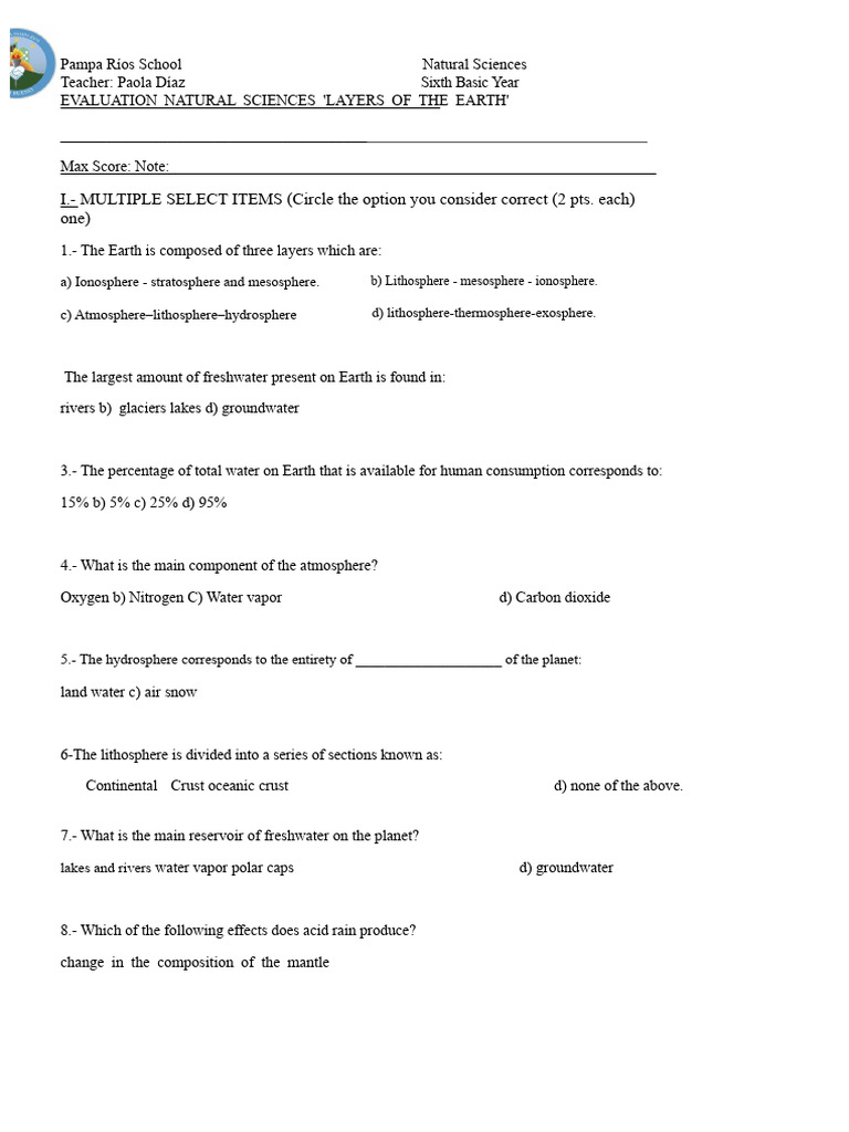 Science Test Layers of The Earth | PDF | Earth Sciences | Atmosphere