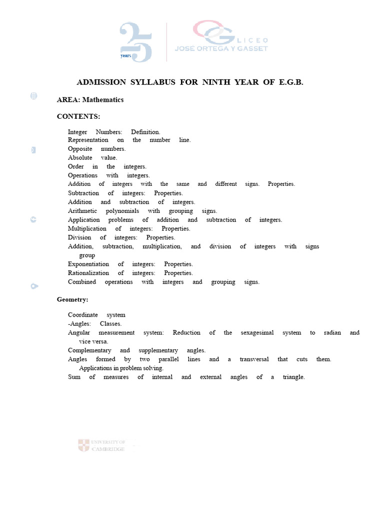 Ninth Grade Admission Syllabus Overview | PDF | Numbers | Integer