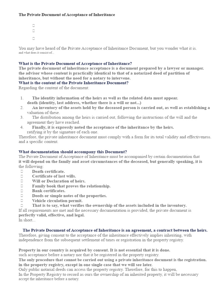 The Private Document of Acceptance of Inheritance | PDF | Inheritance ...