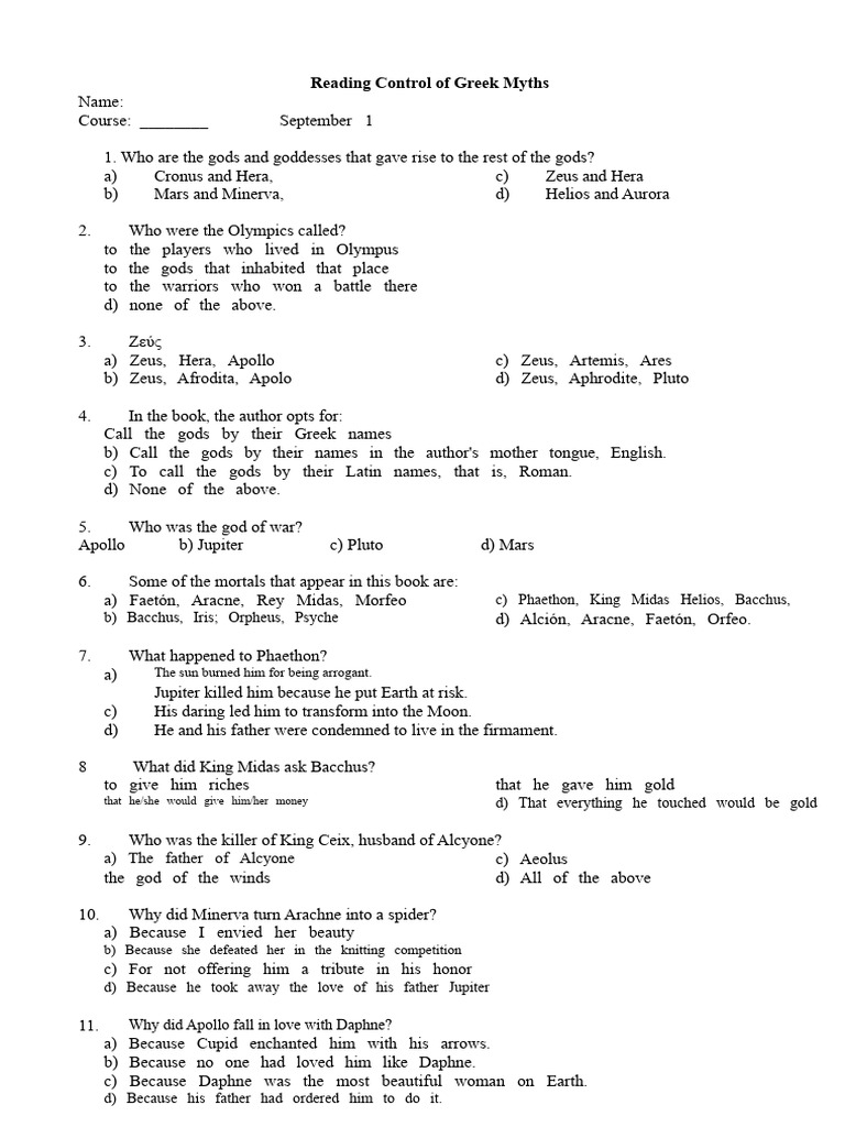 Reading Control of Greek Myths | PDF | Twelve Olympians | Zeus
