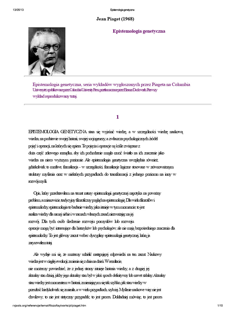 Jean Piaget - Epistemologia Genetyczna | PDF