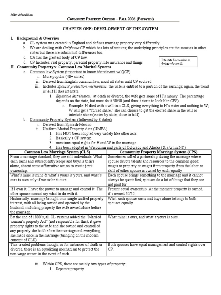 Community Property Outline - Pepper Dine Law - Popovich - 2 | PDF ...