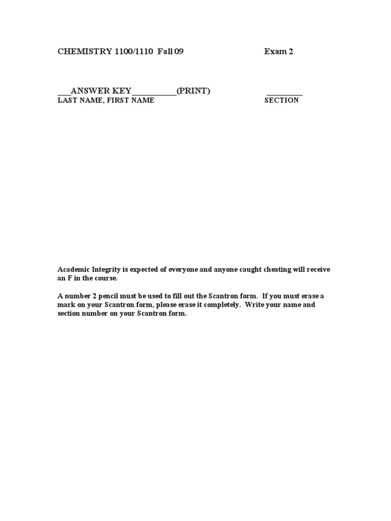 Chem 1100 and 1110 Exam 2 October 28 2009 Answer Key | PDF | Gases ...