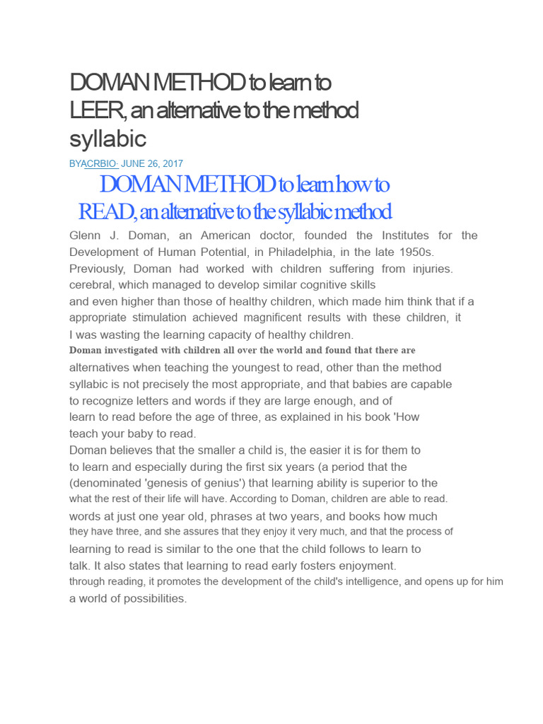 DOMAN METHOD To Learn To READ | PDF | Word | Learning