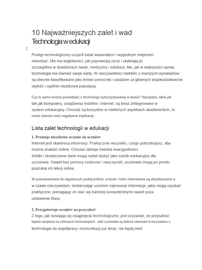 10 Najważniejszych Zalet I Wad Technologii W Edukacji | PDF
