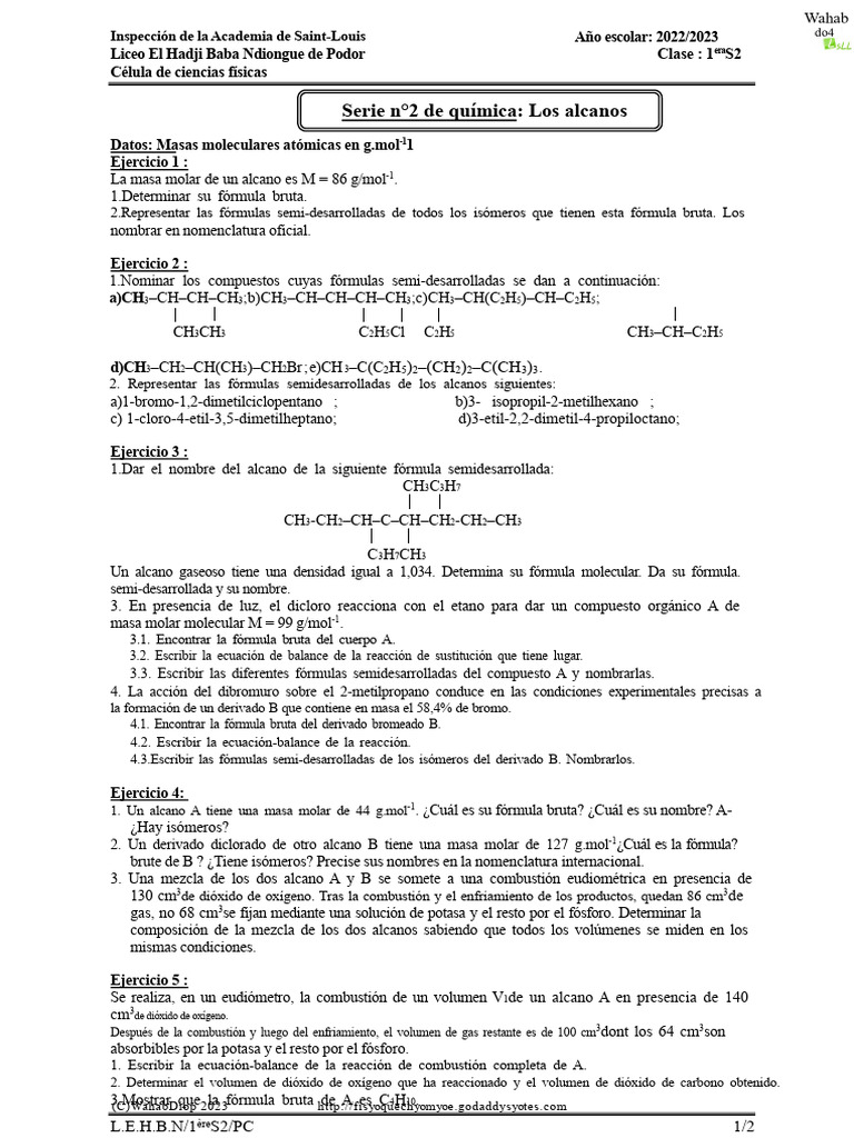 Serie2 Alcanos 1 S2 22-23-Wahabdiop | PDF | Alcano | Combustión