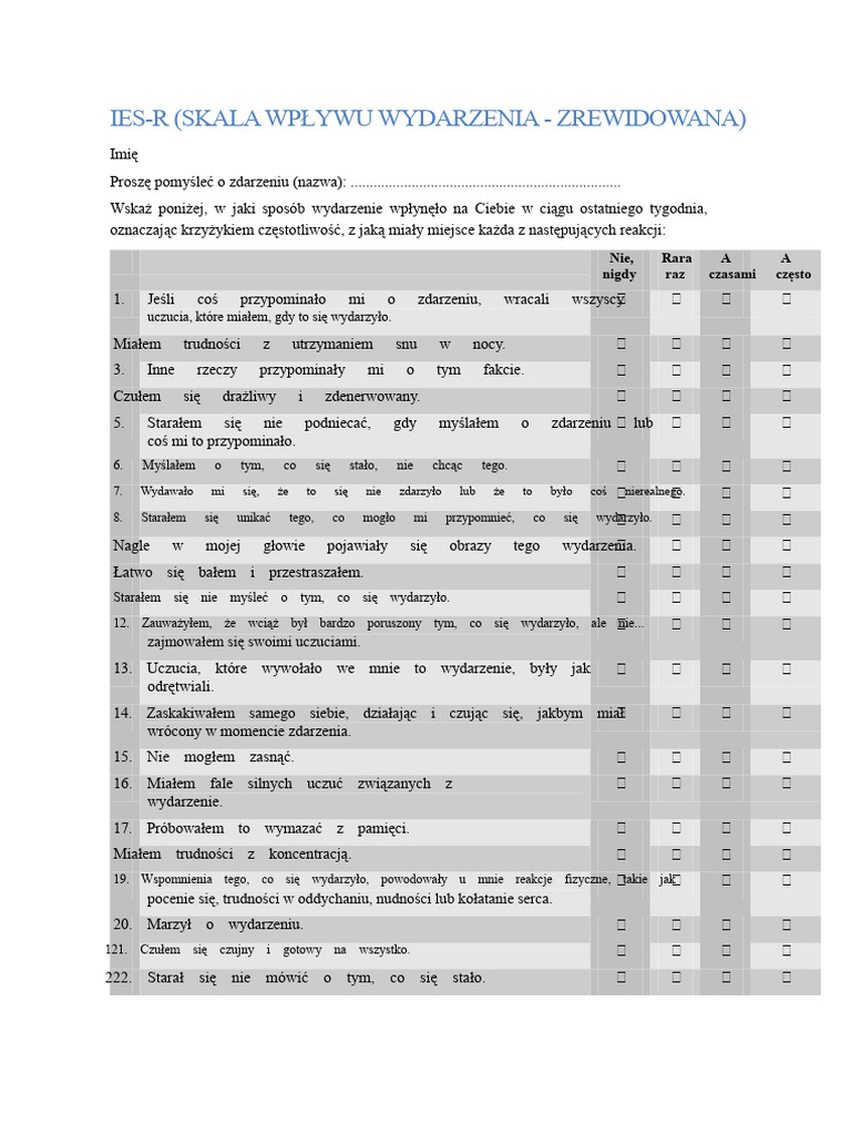 IES-R Kwestionariusz Do Oceny Niedawnego Traumy | PDF