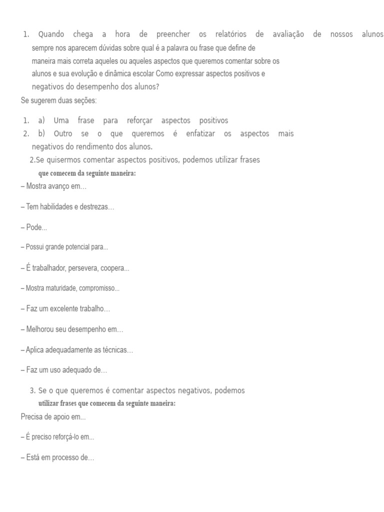 Como Expressar Aspectos Positivos e Negativos No Desempenho Dos Alunos ...