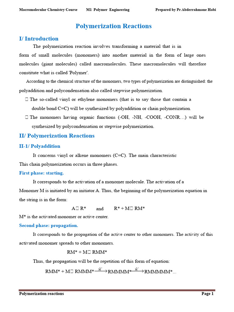 Polymerization Reactions | PDF | Polymerization | Polymers