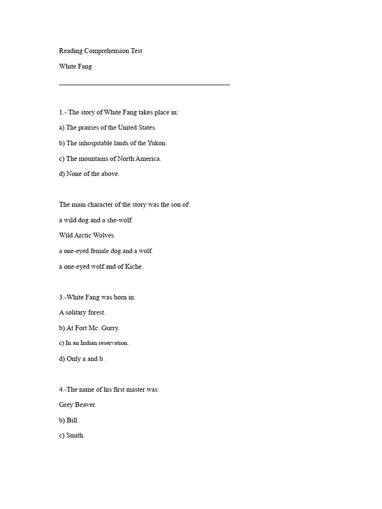 White Fang Reading Comprehension Quiz | PDF | White Fang