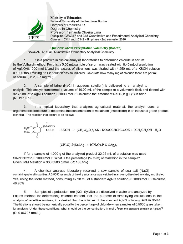 Analytical Chemistry Practice Problems | PDF | Titration | Chemistry