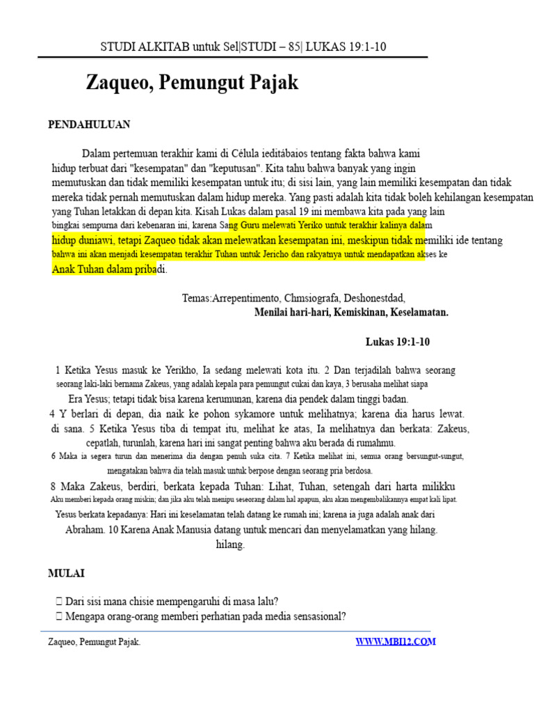 Studi 85 Zakeus, Pemungut Pajak Lukas 19:1-10. | PDF