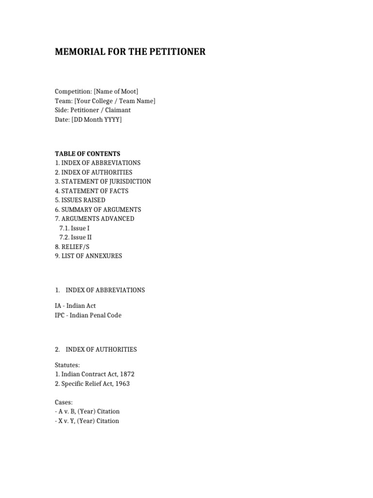 Petitioner Memorial Template for Moot | PDF | Breach Of Contract ...
