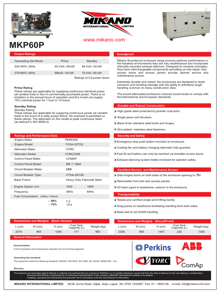 Perkins Diesel Datasheet - 60 Kva | PDF | Stainless Steel | Electricity