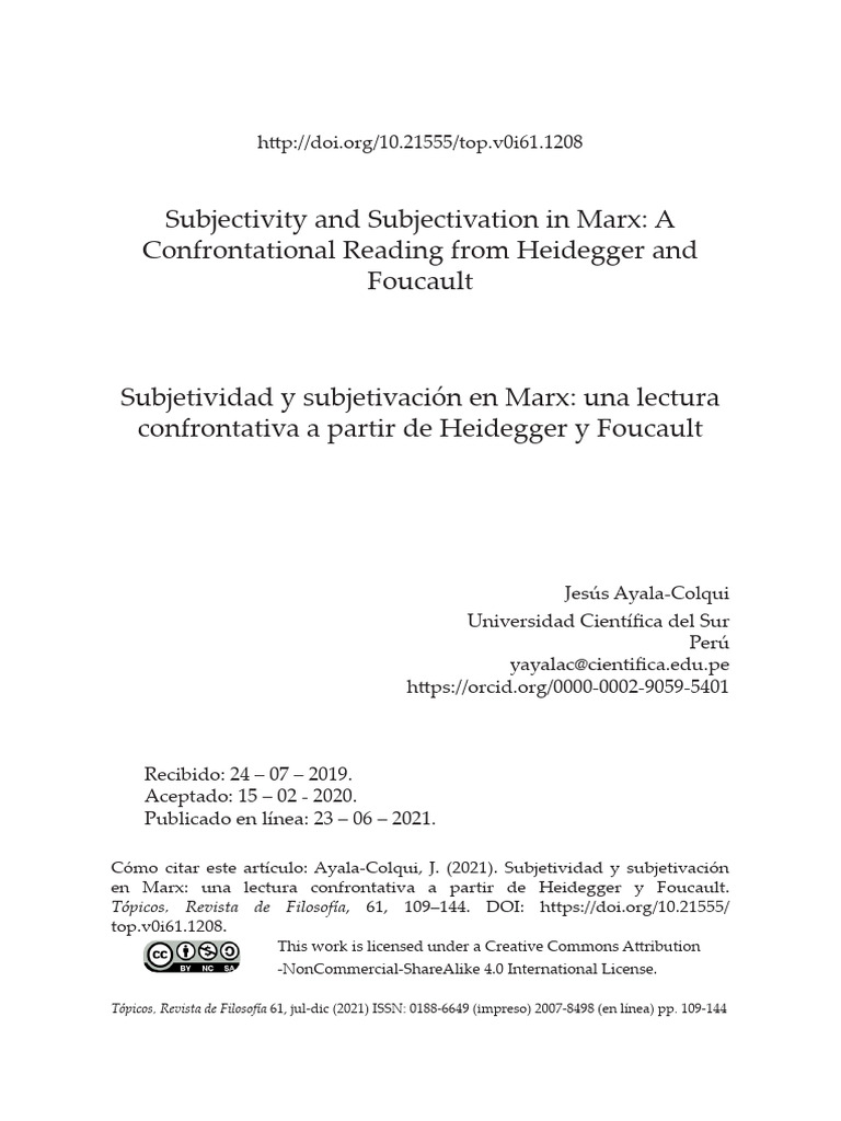 2019 Ayala Subjetividad y Subjetivación en Marx Heidegger y Foucault ...