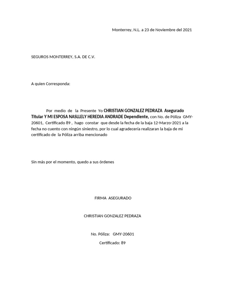 Carta No Siniestralidad | PDF