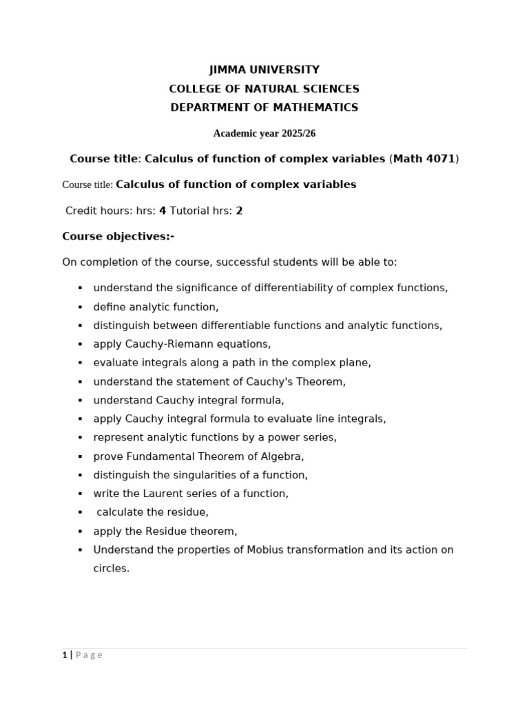 Complex Variables Course Outline | PDF | Complex Analysis | Function ...