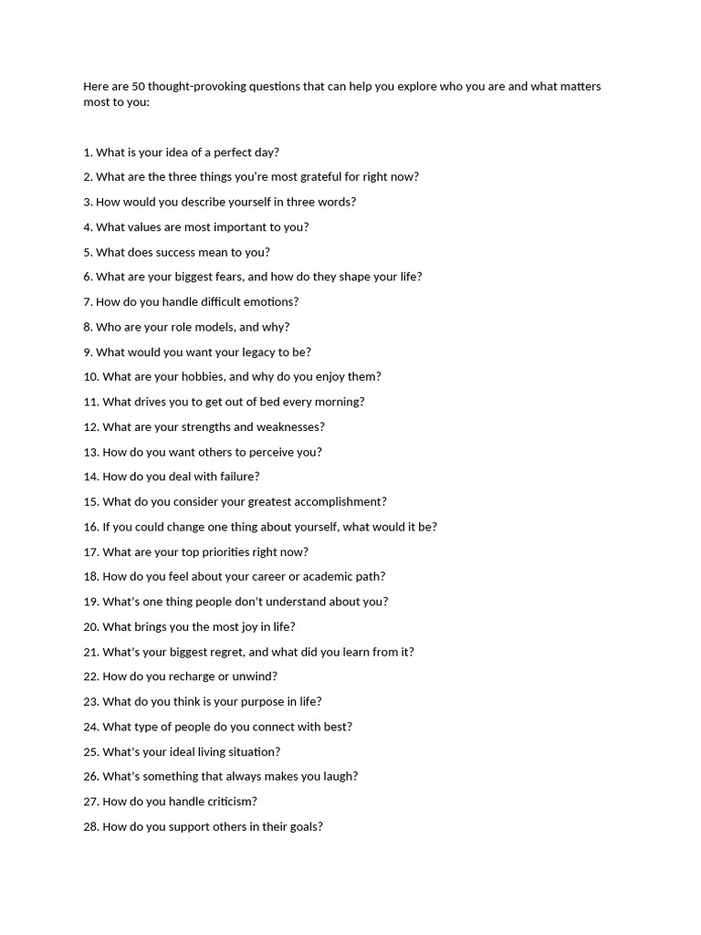 50 Questions for Self-Discovery | PDF | Social Psychology | Behavioural ...