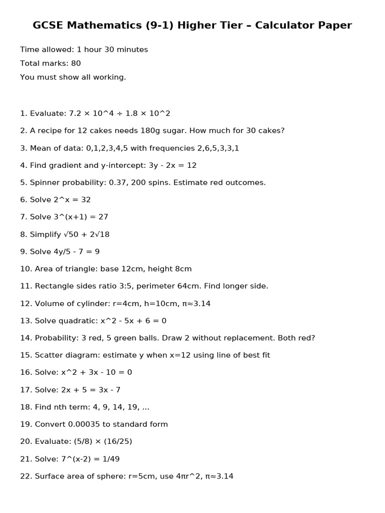 GCSE Maths Higher Tier Calculator Paper | PDF
