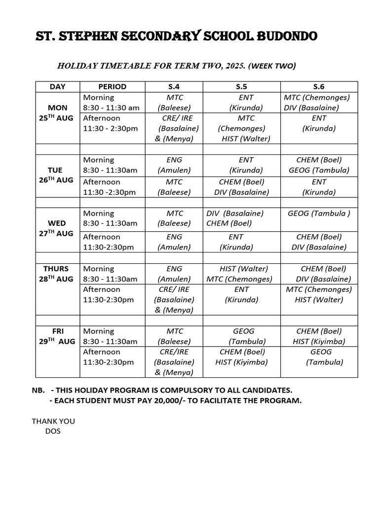 St. Stephen School Holiday Timetable 2025 | PDF
