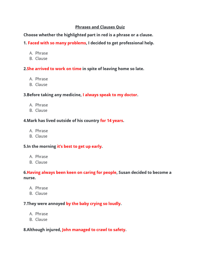 Phrases and Clauses Quiz | PDF