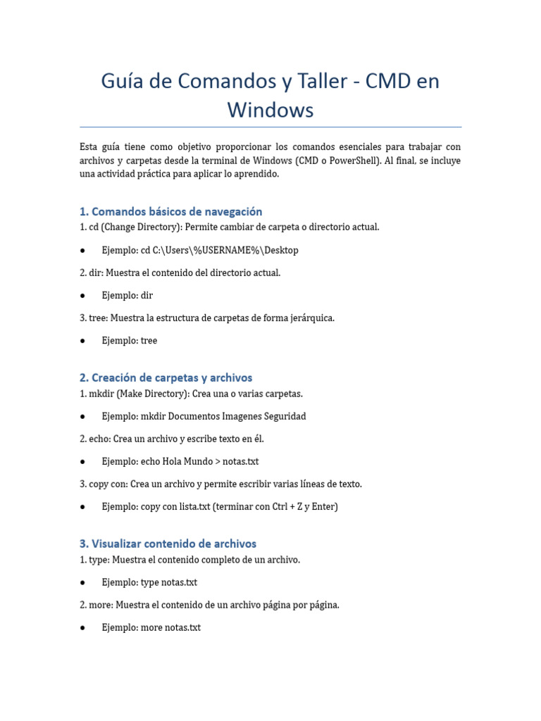 Guia Comandos y Taller CMD | PDF | Archivo de computadora | Software del sistema
