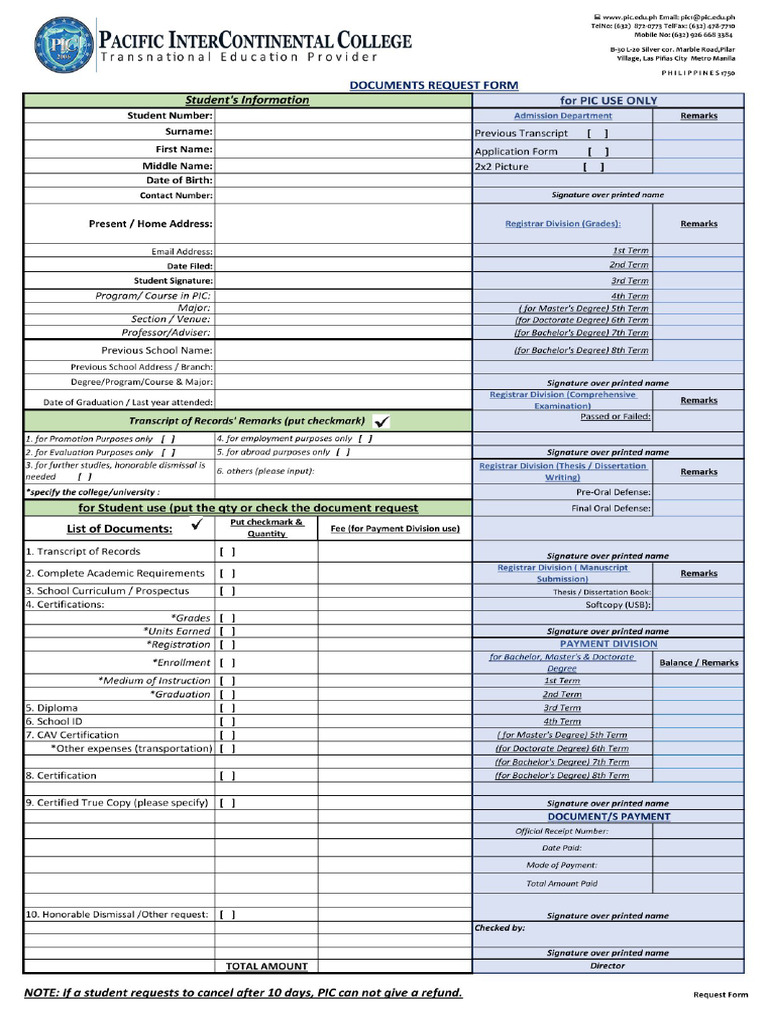Pic Documents Request Form 2024 | PDF
