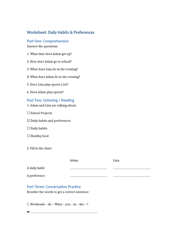 Daily Habits & Preferences Worksheet | PDF