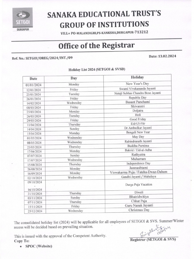 Holiday List 2024 | PDF