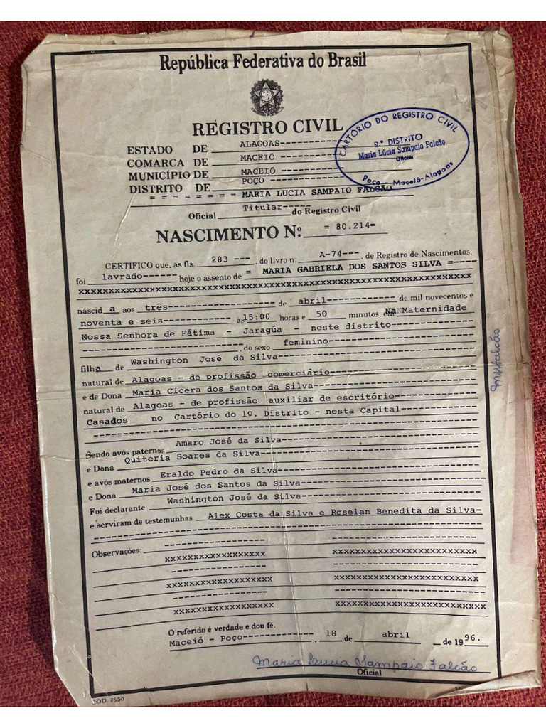Certidão de Nascimento - Maria Gabriela Dos Santos Silva | PDF