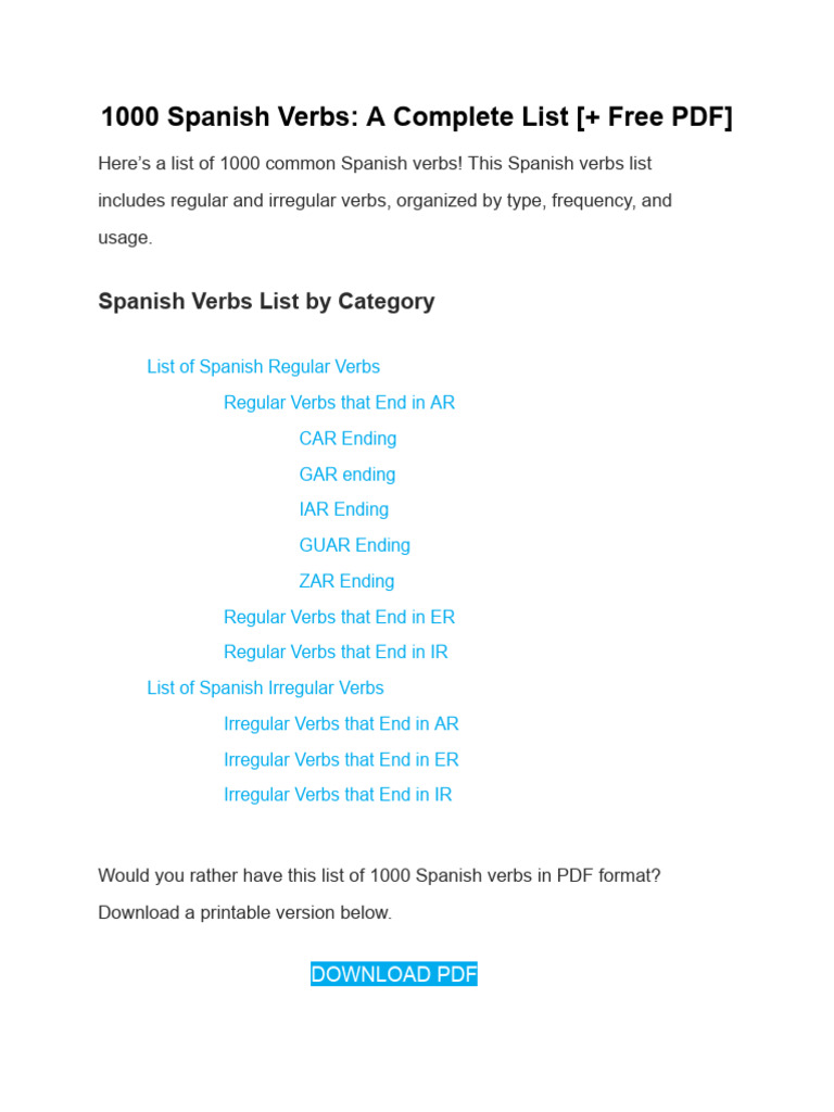 1000 Common Spanish Verbs List | PDF | Grammatical Conjugation ...