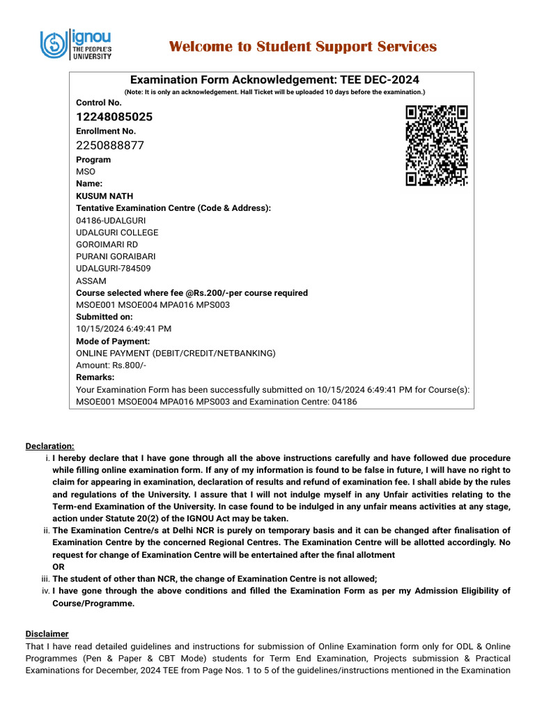 IGNOU - Examination Form Acknowledgement Kusum Nath Mso 2nd Yr Ignou | PDF