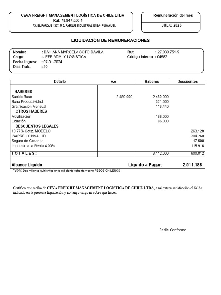 Liquidación de Remuneraciones CEVA Chile | PDF