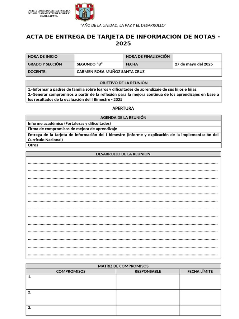 Acta de Conformidad de Entrega de Boletas de Información I Bimestre ...
