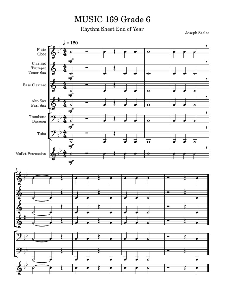 MUSIC 169 Grade 6 Rhythm Sheet End of Year | PDF | Trombone | Saxophone