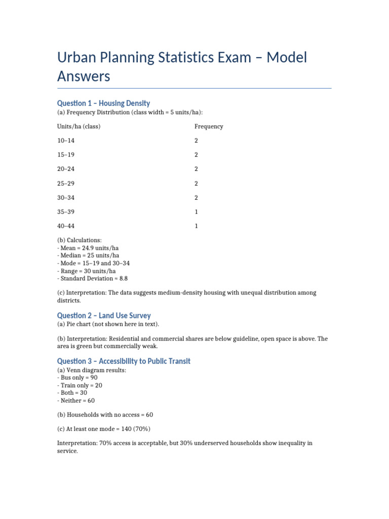 Urban Planning Exam Model Answers | PDF | Median | Mode (Statistics)