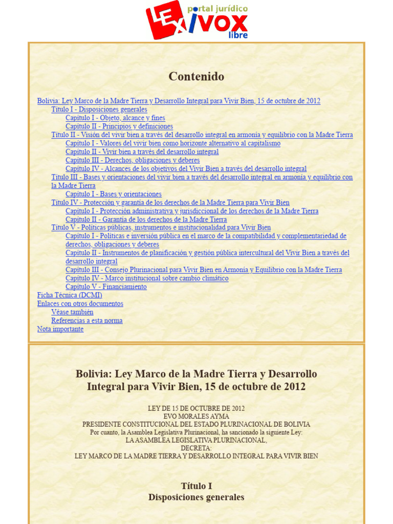 Bolivia_ Ley Marco de La Madre Tierra y Desarrollo Integral Para Vivir Bien, 15 de Octubre de ...