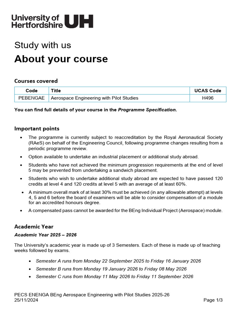 Aerospace Engineering BEng Overview 2025-26 | PDF | Academic Term ...