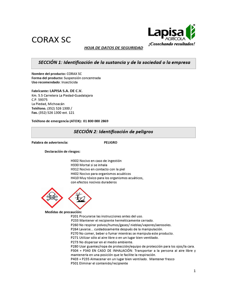 Hoja de Seguridad del Insecticida CORAX SC | PDF | Química