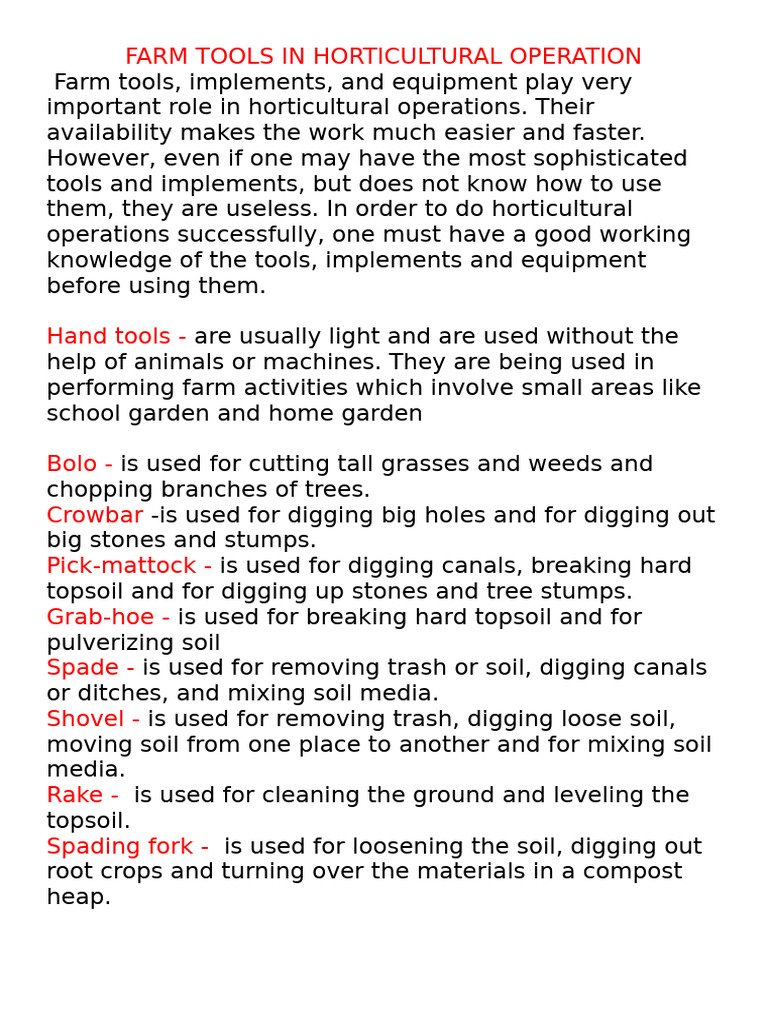 Essential Farm Tools for Horticulture | PDF