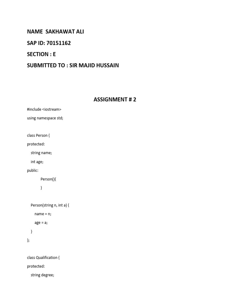 OOPs Assignment No 2 (70151162) | PDF | Computer Programming | C++