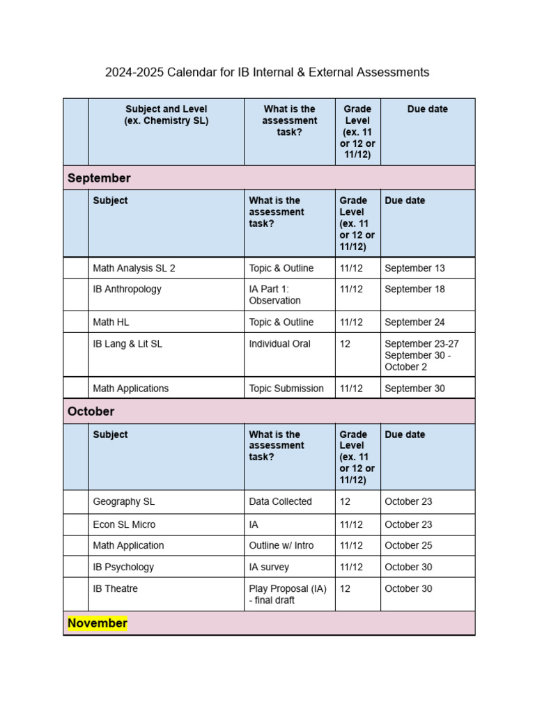 2024-2025 Calendar For IB Internal & External Assessments | PDF ...